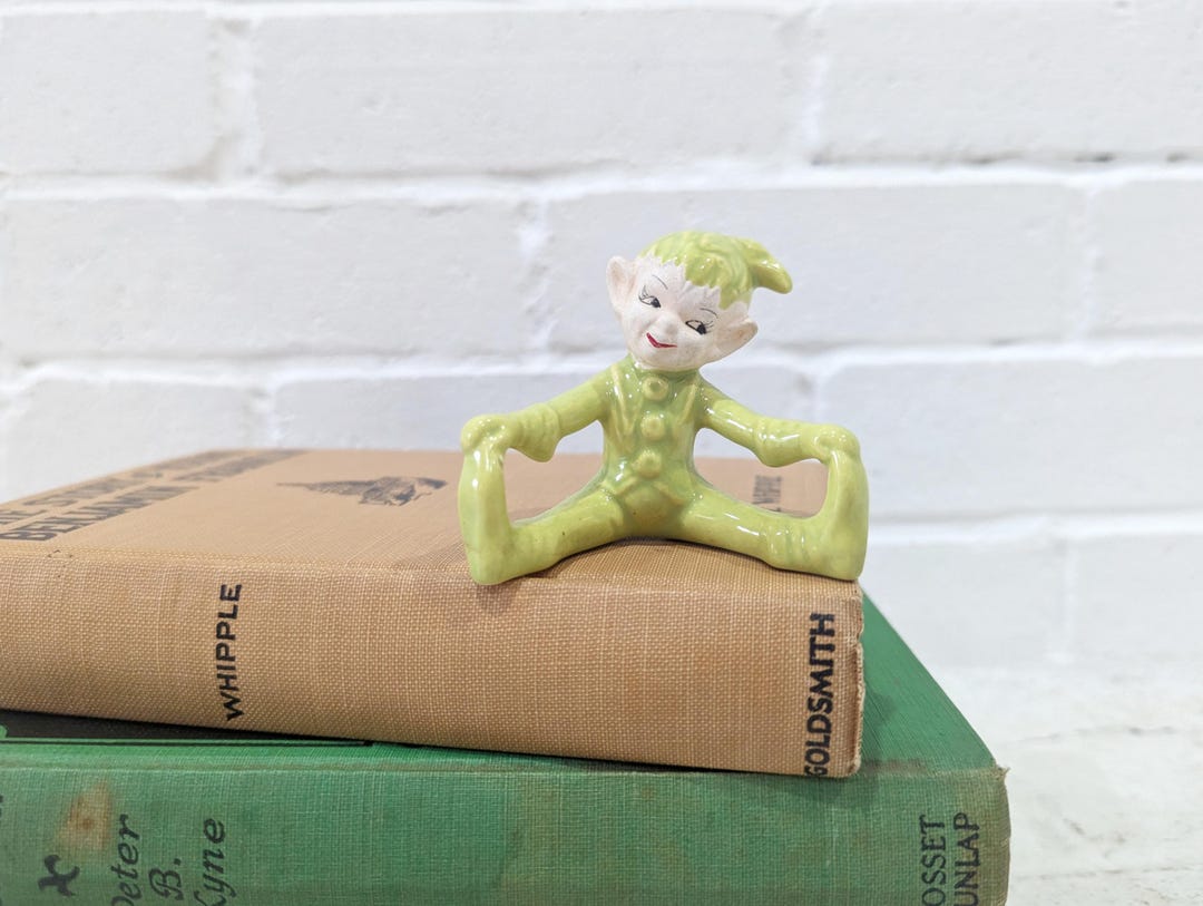 Vintage Pixie Elf Figurine // Green Glazed Ceramic Pottery Elf Figurine ...