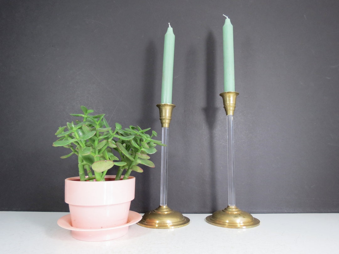 Brass and Lucite Candlesticks Pair // Vintage Mid Century Modern Taper ...
