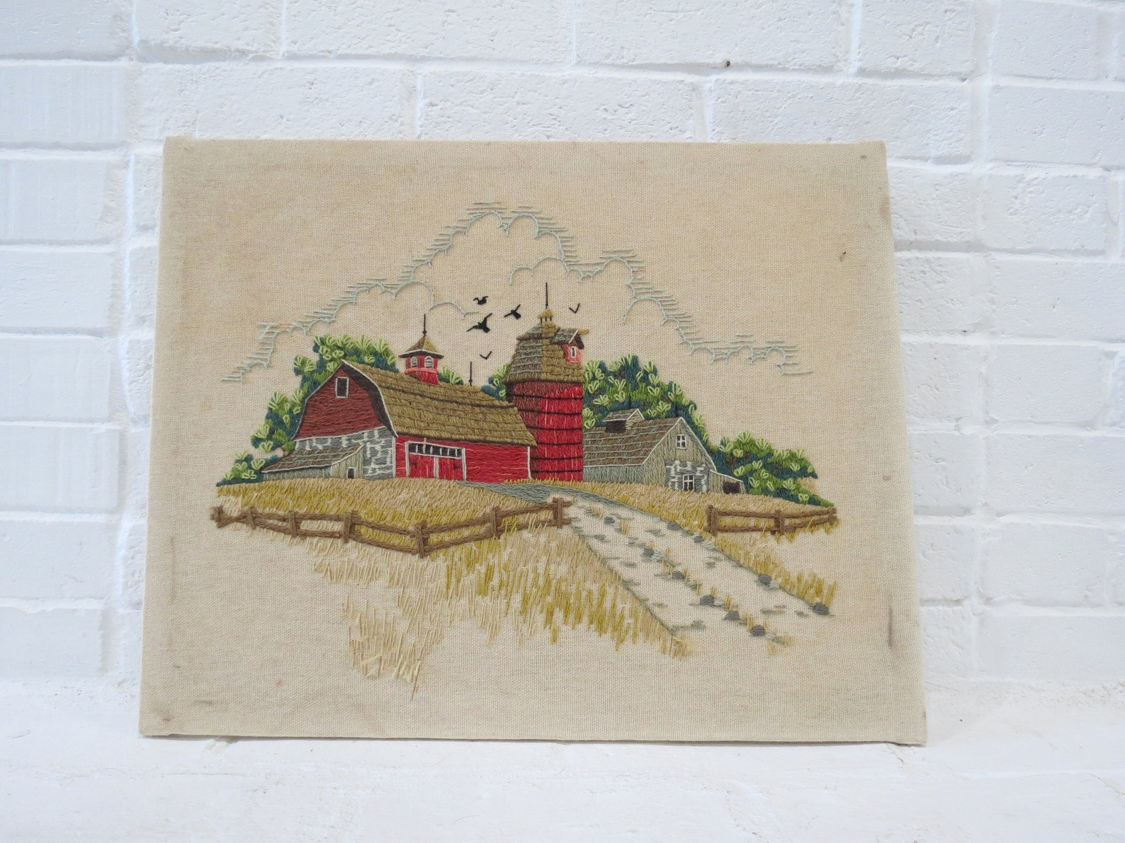 Vintage Embroidered Farm Art // Rustic Barnyard Scene, Crewel Yarn ...