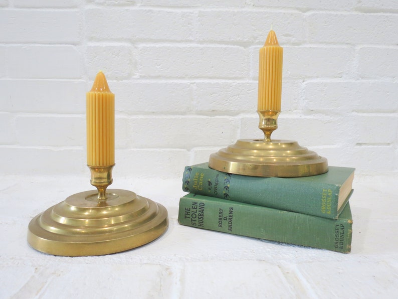 Wide Brass Candlesticks // Vintage Round Brass Taper Candle Holders ...