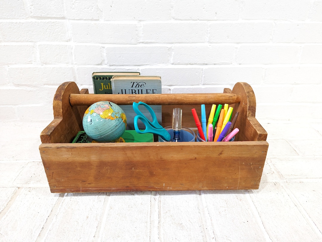 Vintage Wooden Tool Caddy // Handmade Wooden Toolbox, Craft Supply ...