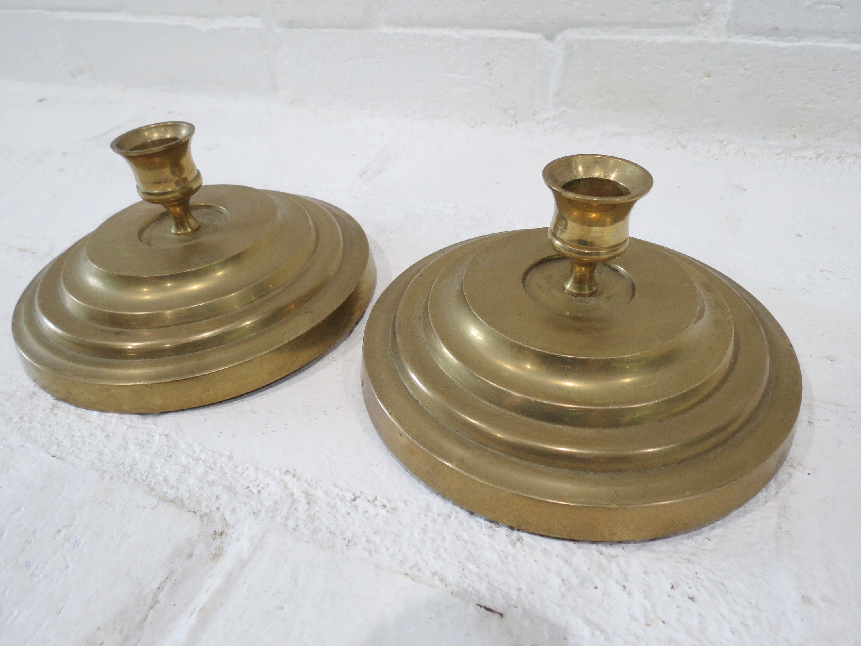 Wide Brass Candlesticks // Vintage Round Brass Taper Candle Holders ...