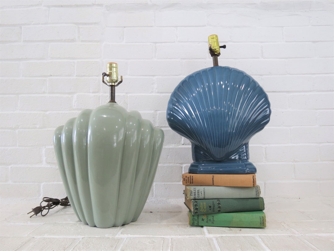 Vintage Blue Shell Lamp // Beach House Pottery Lamp, Ceramic Table Lamp ...