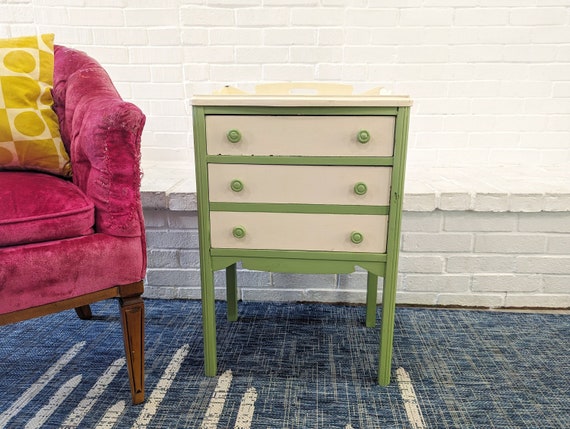 Vintage Sewing Table W Rotating Drawer Painted Small Wooden Dresser Bureau End Table Craft Supply Storage Cottage Farmhouse Green Etsy