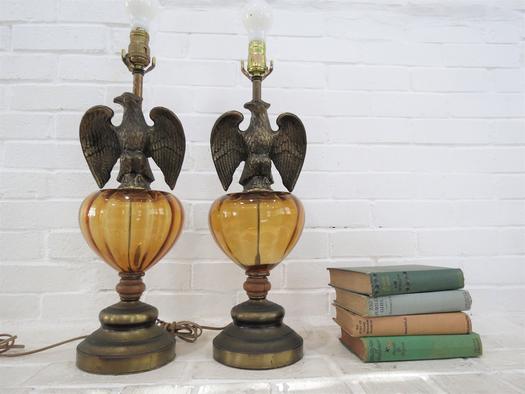 Vintage Brass Eagle Lamps Pair // Set of Two Gold Metal and Amber Glass ...