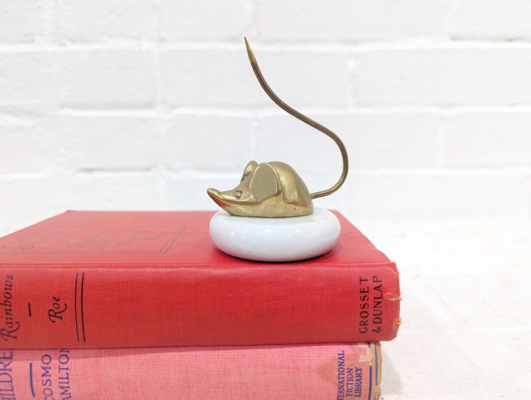 Vintage Brass Mouse Figurine // Brass Memo Holder, Receipt Note Pick ...