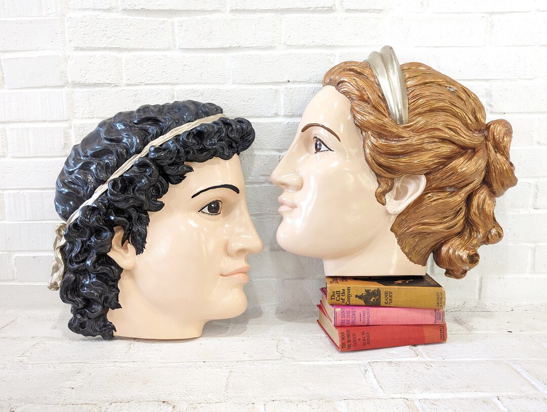 Oversize Grecian Faces Wall Hangings // Vintage 2003 Couple Portraits ...