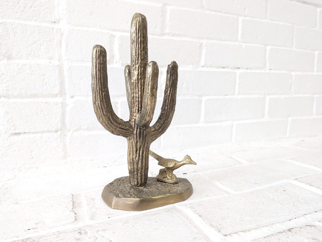 Vintage Brass Cactus Statue // Brass Cactus and Roadrunner Figurine ...