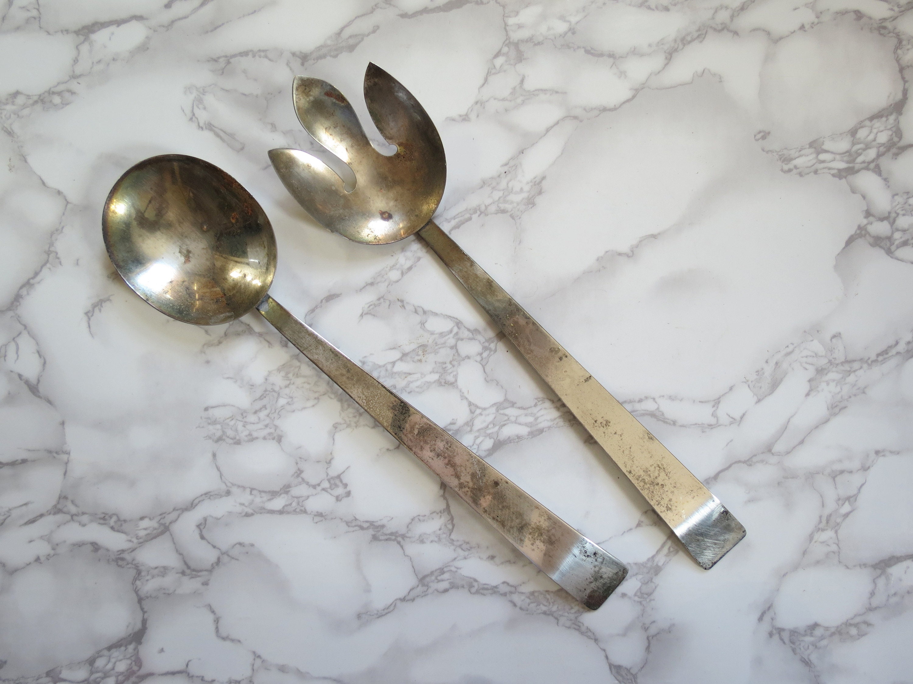 Retro Salad Spoons Set // Vintage Silver Plated Metal Art Deco Nouveau ...