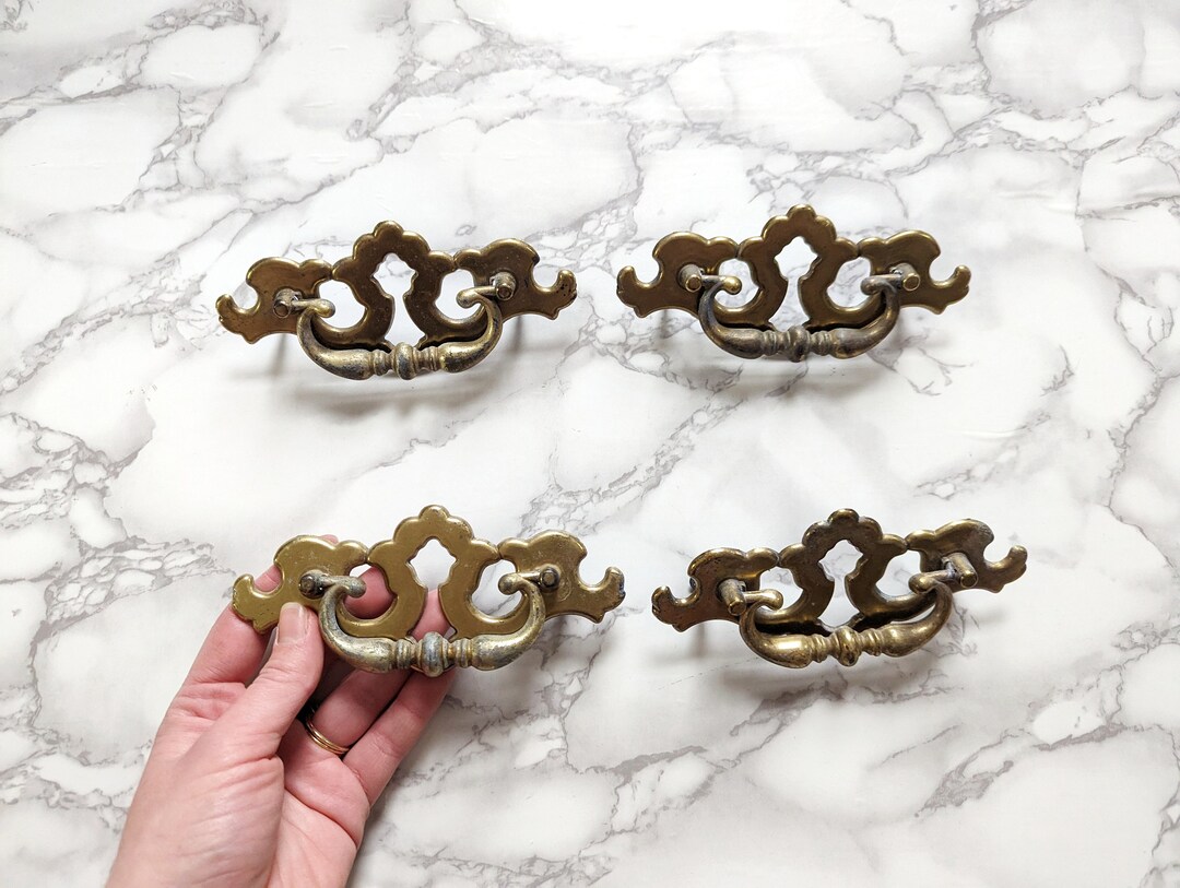 Vintage Brass Drawer Pulls // Four Rustic Handles, Gold/bronze Metal ...