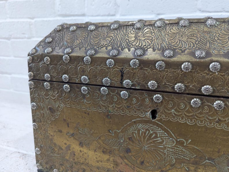 Antique Brass Chest // Vintage Stamped Brass Treasure Chest, Wedding ...