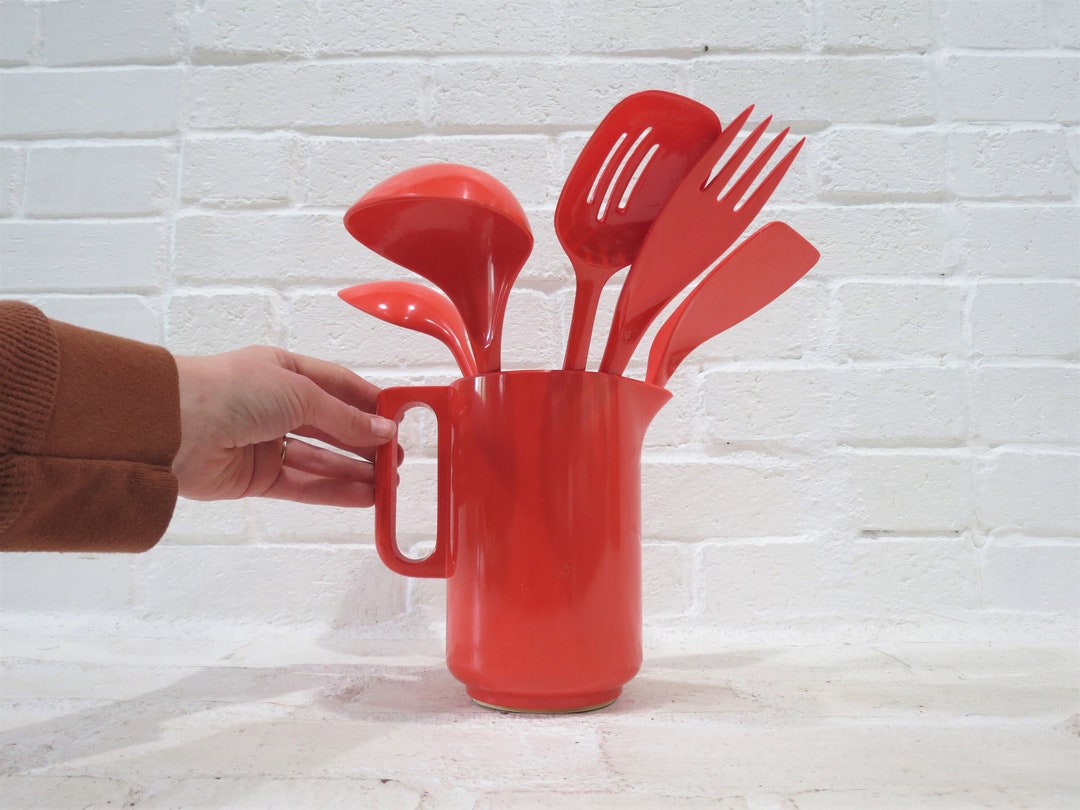 Vintage Melamine Utensils With Holder /// Mid Century Hutzler Red ...