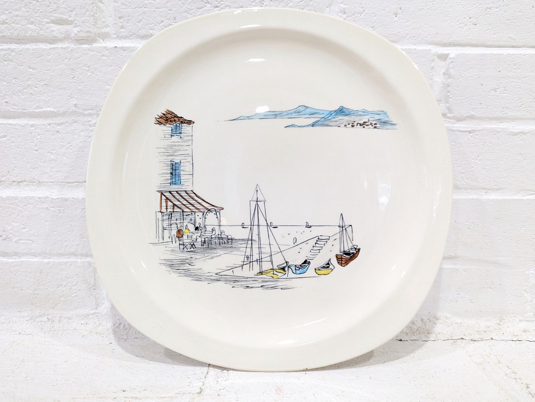 Midwinter Riviera Cake Plate // Vintage Mid Century Modern Illustrated ...