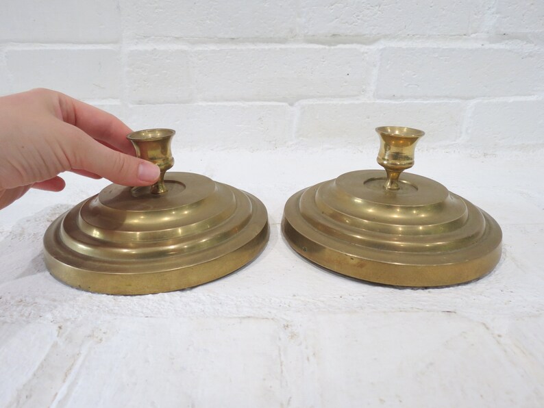 Wide Brass Candlesticks // Vintage Round Brass Taper Candle Holders ...