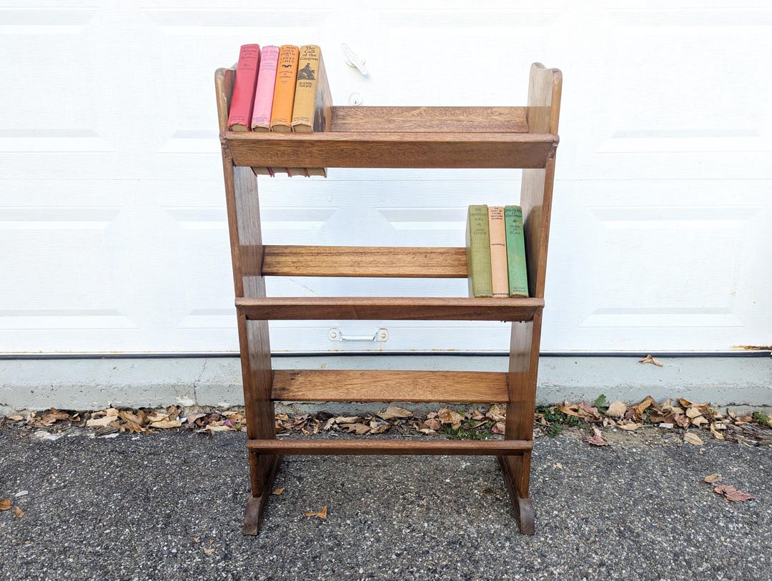 Vintage Slanted Bookshelf // Mid Century Style Wooden Slat Shelf Record ...