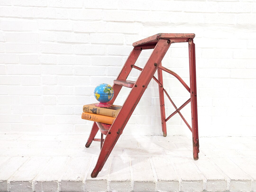 Vintage Folding Stepstool // Chippy Red Painted Step Stool Ladder ...
