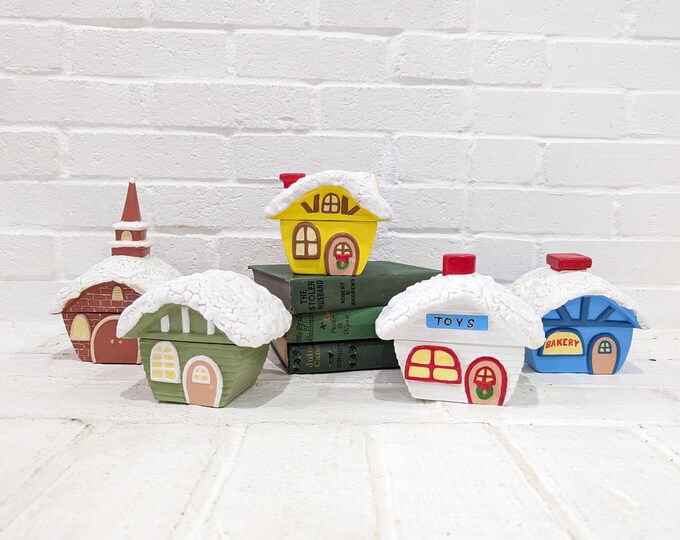 5 Porcelain Christmas Village Houses // Vintage Handmade Winter Village ...