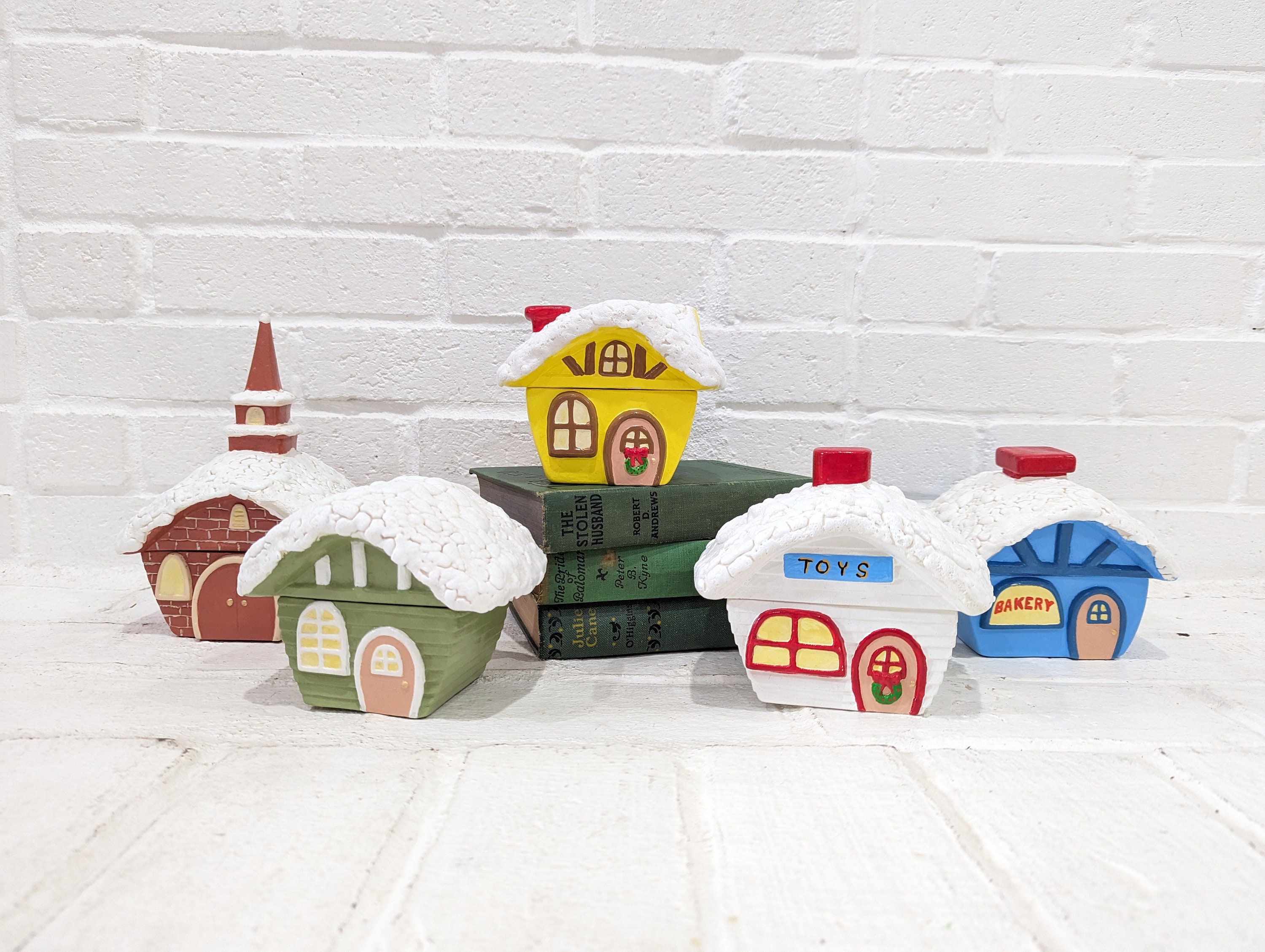 5 Porcelain Christmas Village Houses // Vintage Handmade Winter Village ...