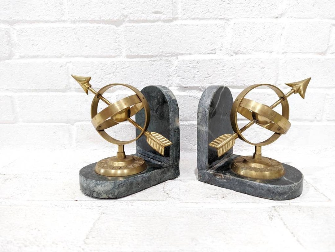 Vintage Armillary Sphere Bookends PAIR // Mid Century Marble and Brass ...