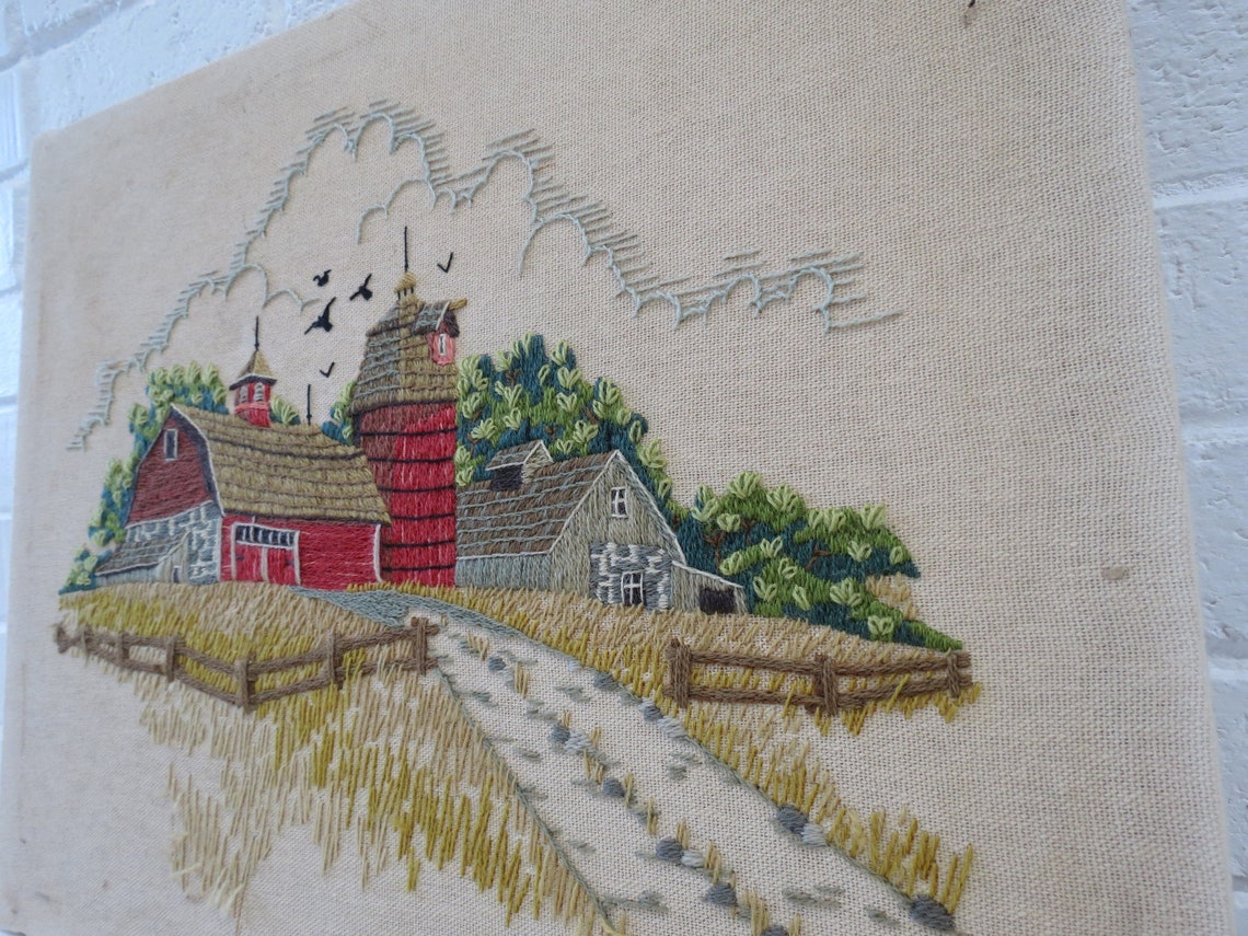 Vintage Embroidered Farm Art // Rustic Barnyard Scene Crewel | Etsy