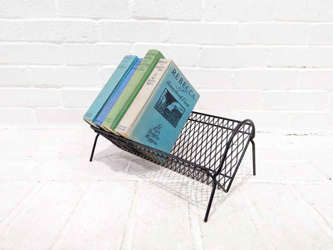 Mid Century Metal Book Rack // Vintage Black Mesh Metal Wire Magazine ...