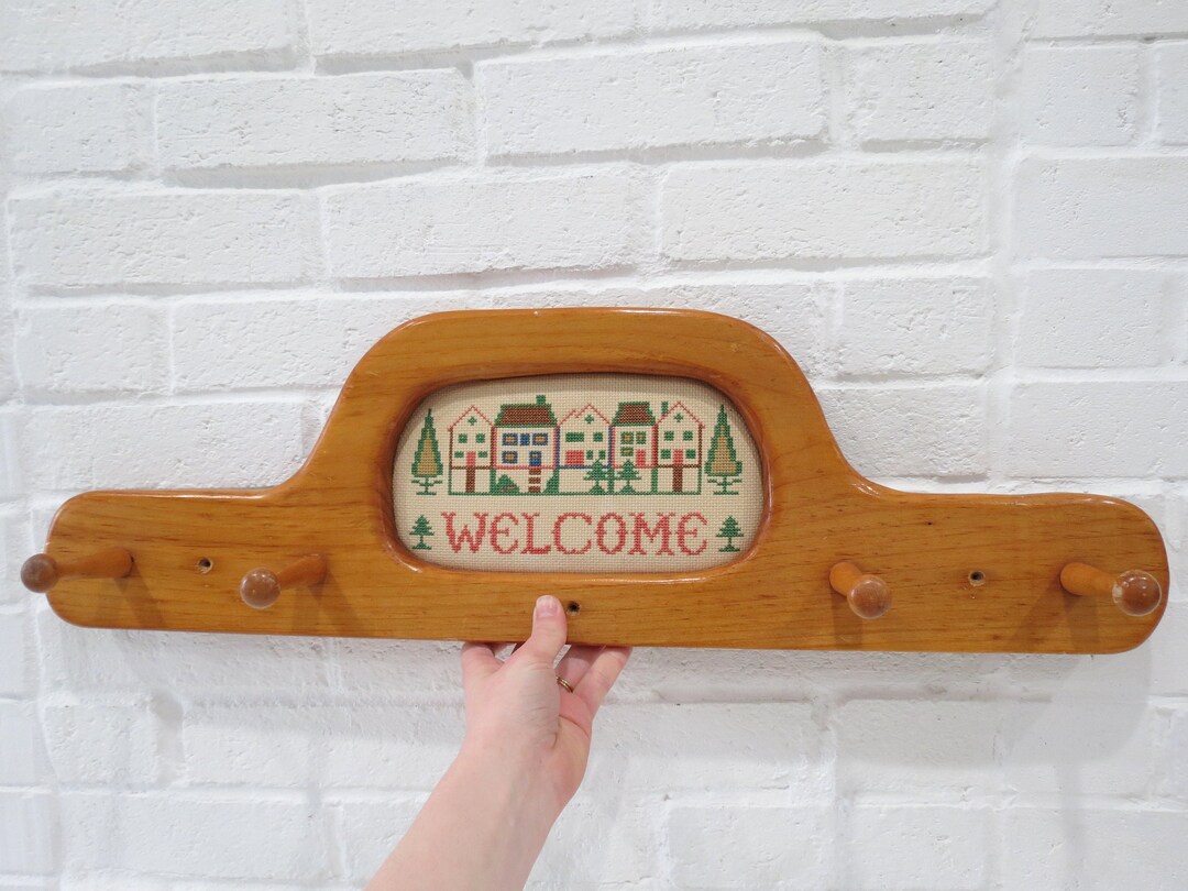 Vintage Wooden Coat Rack // Handmade Embroidered Welcome Sign Coat ...