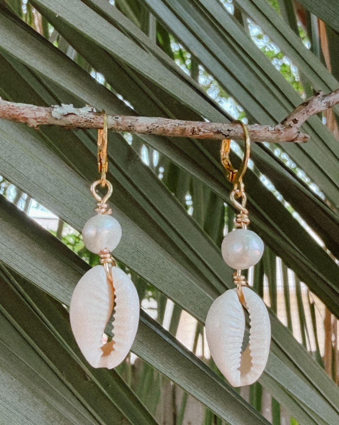 Cowrie Shell Pearl Dangle Earrings | Coastal Gold Beach Jewelry - Etsy
