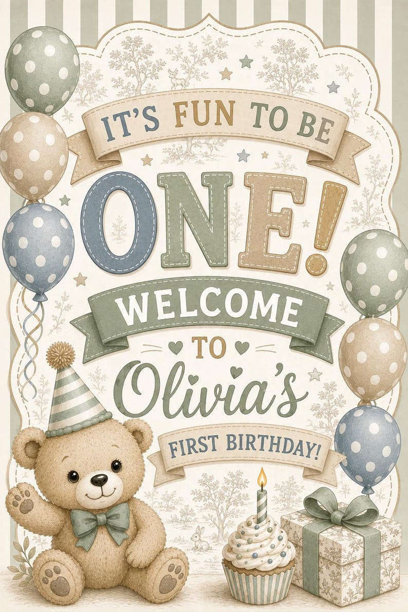 Teddy Bear First Birthday Invitation Bundle, Fun to Be One Theme ...