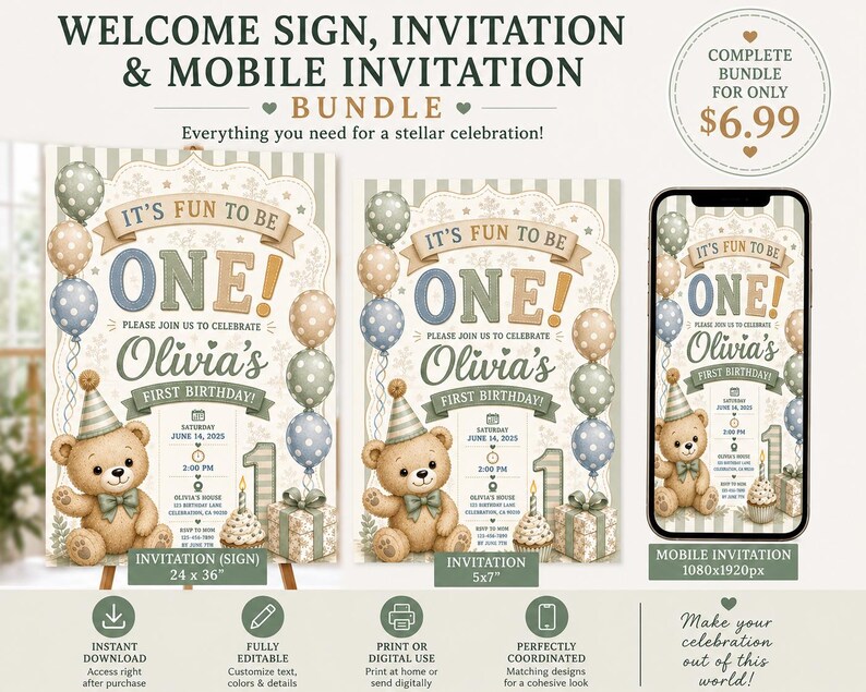 Teddy Bear First Birthday Invitation Bundle, Fun to Be One Theme ...