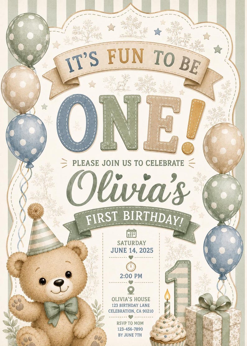 Teddy Bear First Birthday Invitation Bundle, Fun to Be One Theme ...