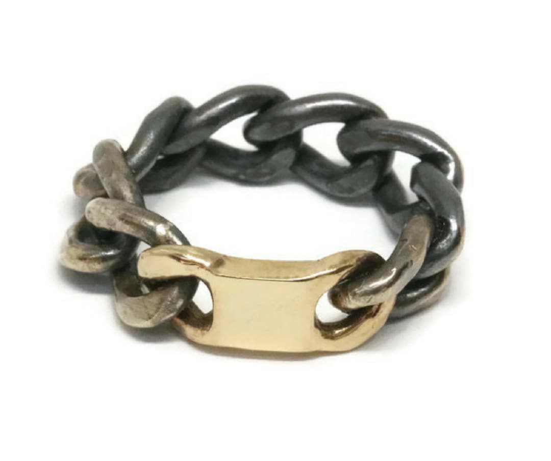 Gold and Silver Curb Chain Ring, Oxidized Silver Signet Ring Unique ...