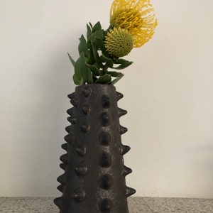 Metallic Black Ceramic Spike Vase Medium With Contrast Orange Interior ...