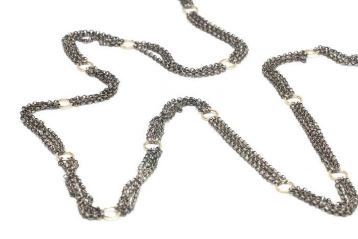 Long Silver Chain Necklace Oxidized Silver Gold Multi Strand Chain ...