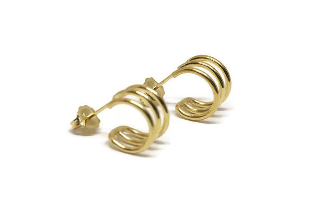 Gold Huggie Earrings Triple Post Hoops, Small Wrap Ear Cuff Single ...