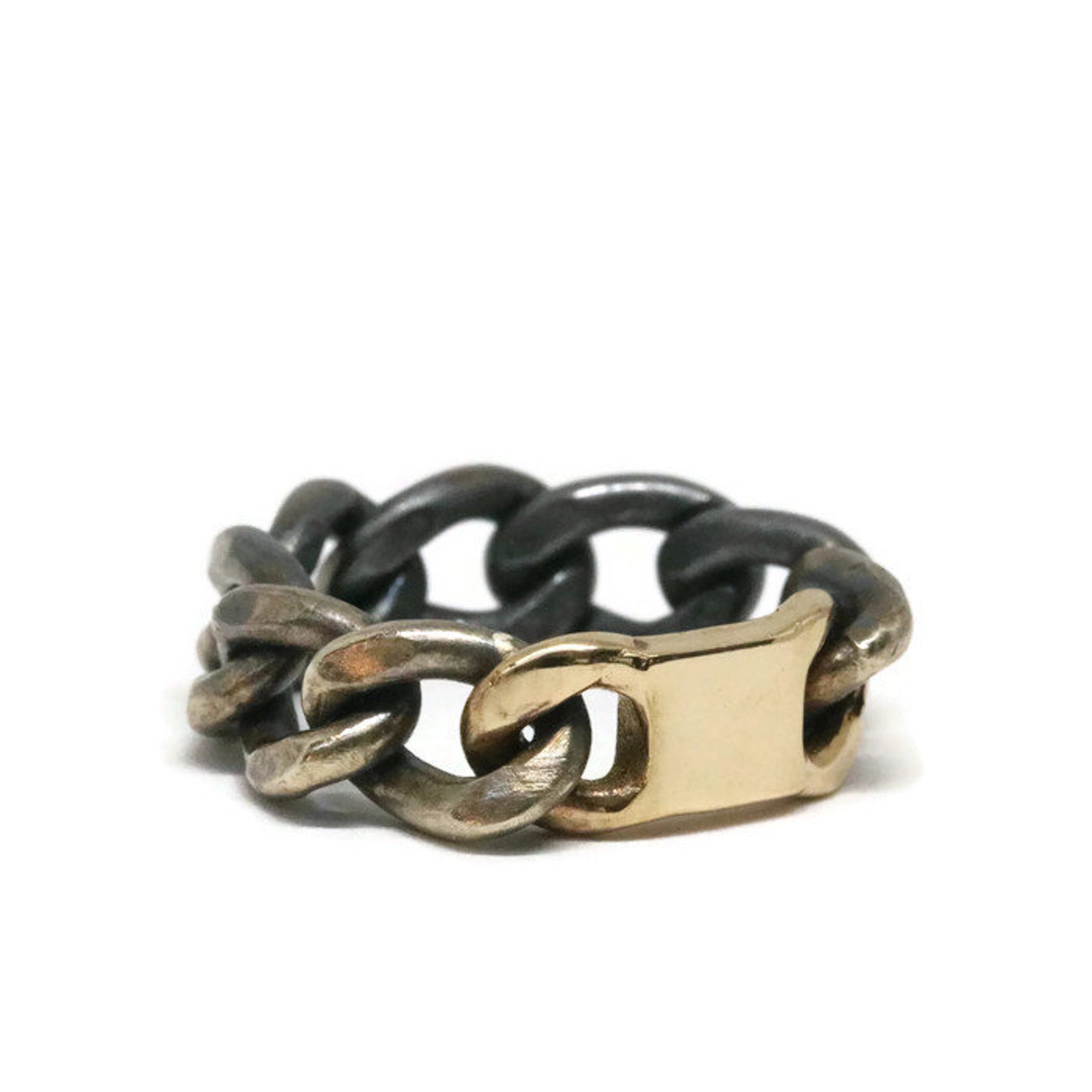 Gold and Silver Curb Chain Ring, Oxidized Silver Signet Ring Unique ...