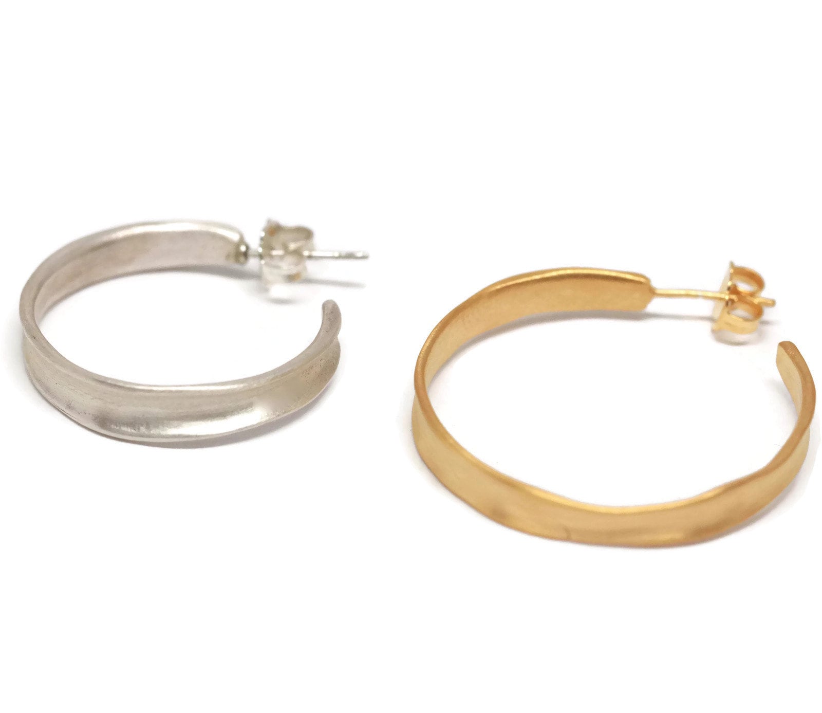 Gold Hoop Post Earrings 18K Vermeil Concave Medium Hoops 33 Mm Artisan ...