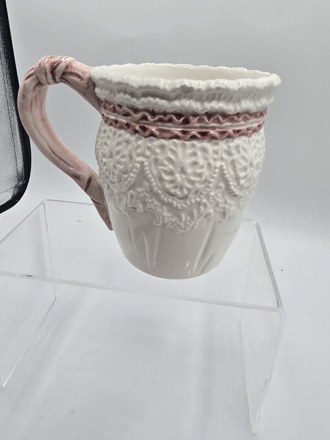 1998 NEW FLORAL INC. White Ceramic Victorian Mug With Pink Bow Planter ...