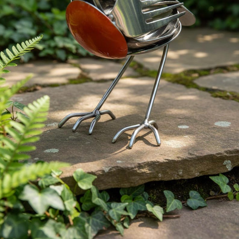 Upcycled Silverware Robin Sculpture - Metal Bird Garden Art, Rustic ...