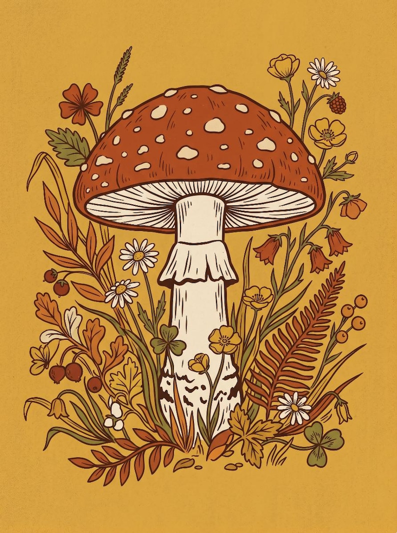 Retro Mushroom Poster Print, 70s Botanical Wall Art, Cottagecore Fungi ...