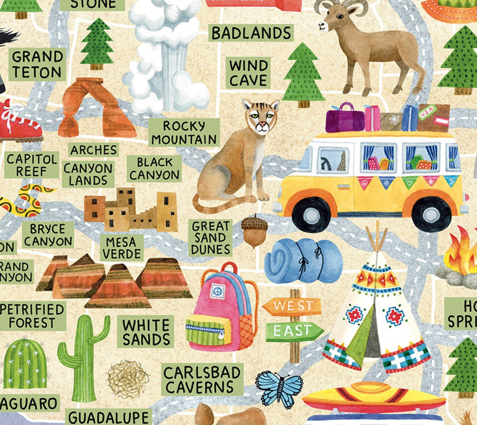 National Parks, USA Map Print, Road Trip, Camper Life, Whimsical Map ...