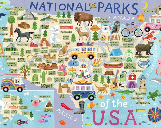 National Parks, USA Map Print, Road Trip, Camper Life, Whimsical Map ...