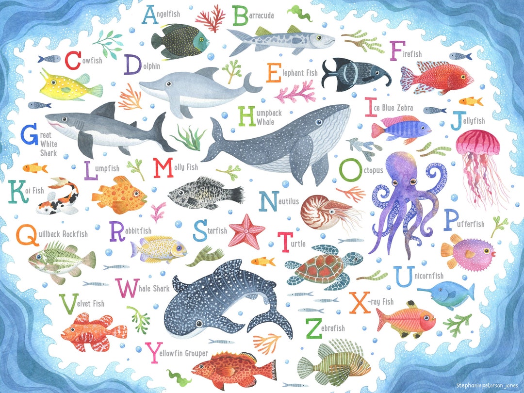 Nautical Baby Shower, Alphabet Poster, Alphabet, Fish Art, Ocean ...