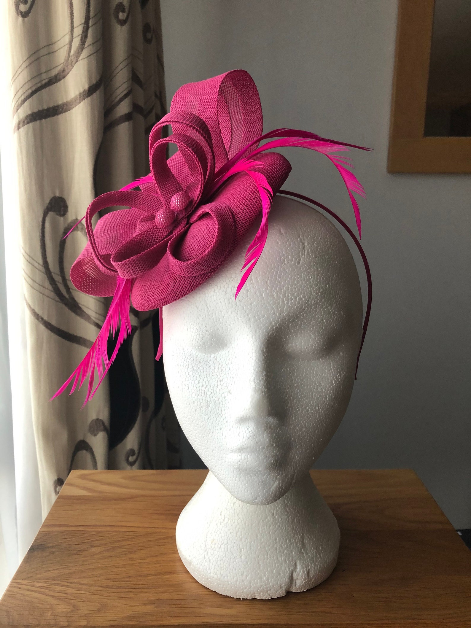 Hot Pink Sinamay Disc Fascinator With Biot Feathers And Loop Etsy