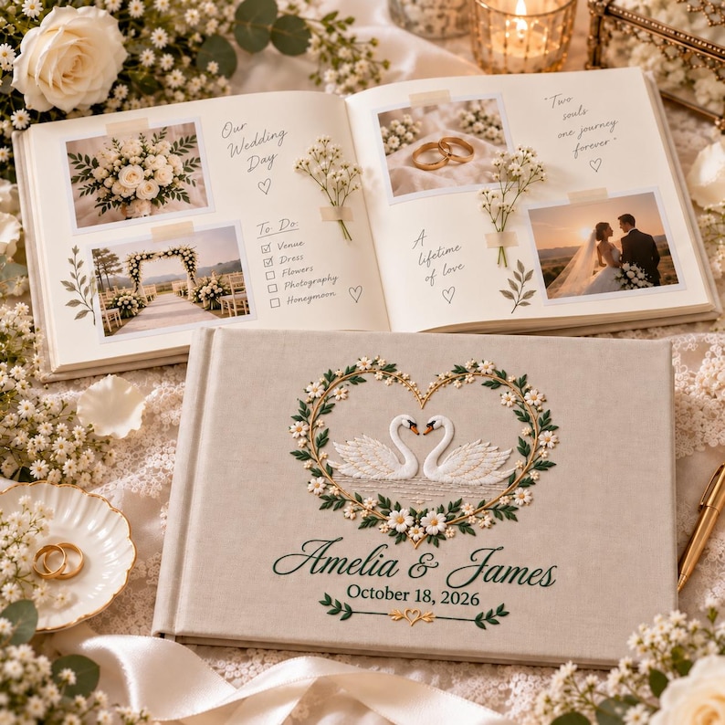 Custom Embroidered Linen Wedding Guest Book, Personalized Couple Swan ...