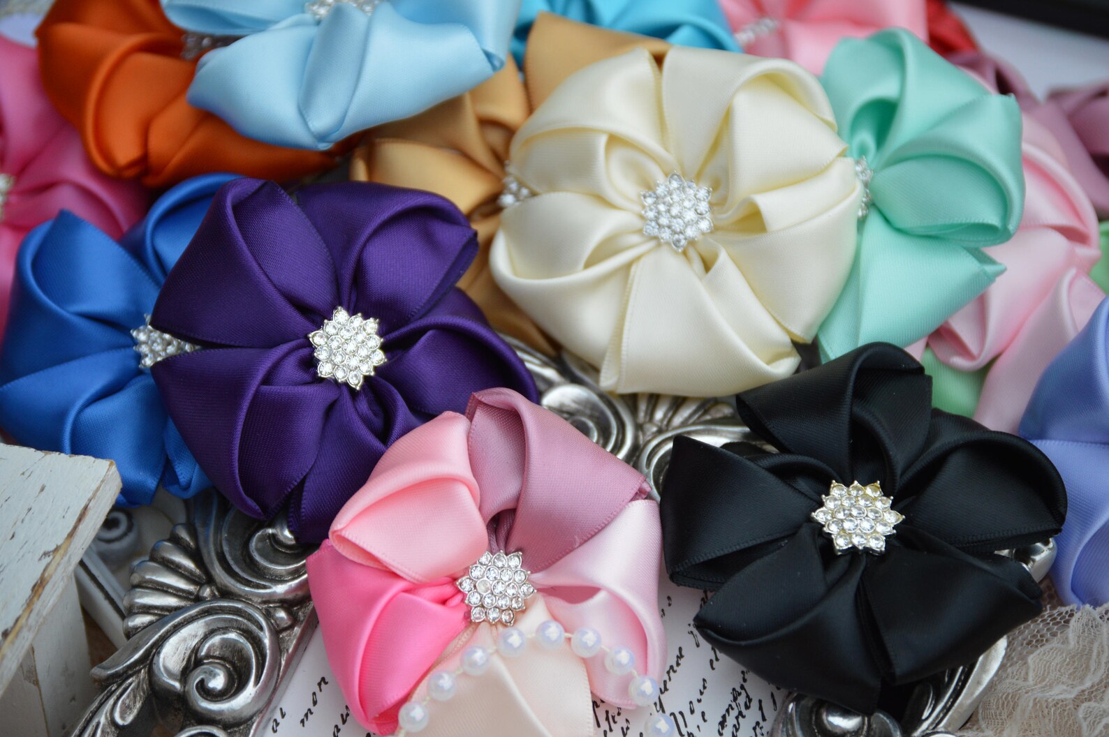 Rose Gold Satin Ribbon Flowers 3 Satin Fabric Flowers | Etsy