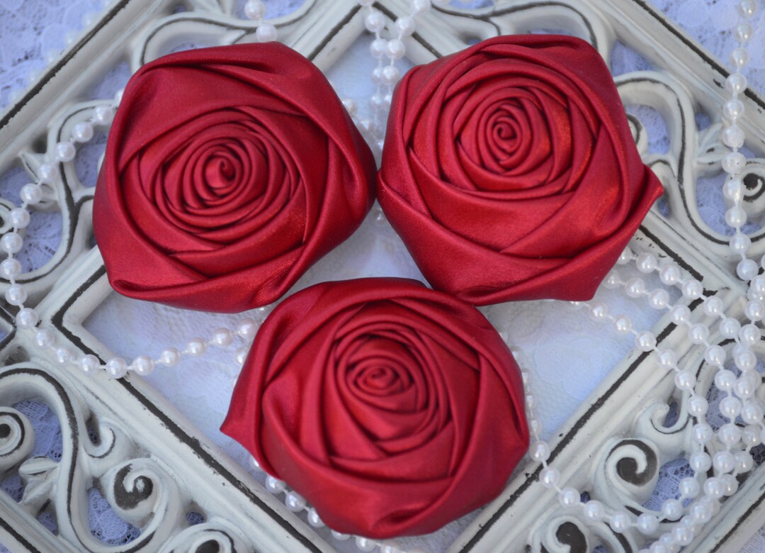 2 Satin Fabric Roses, Scarlet Red Satin Rolled Rosettes, Dark Red Satin ...