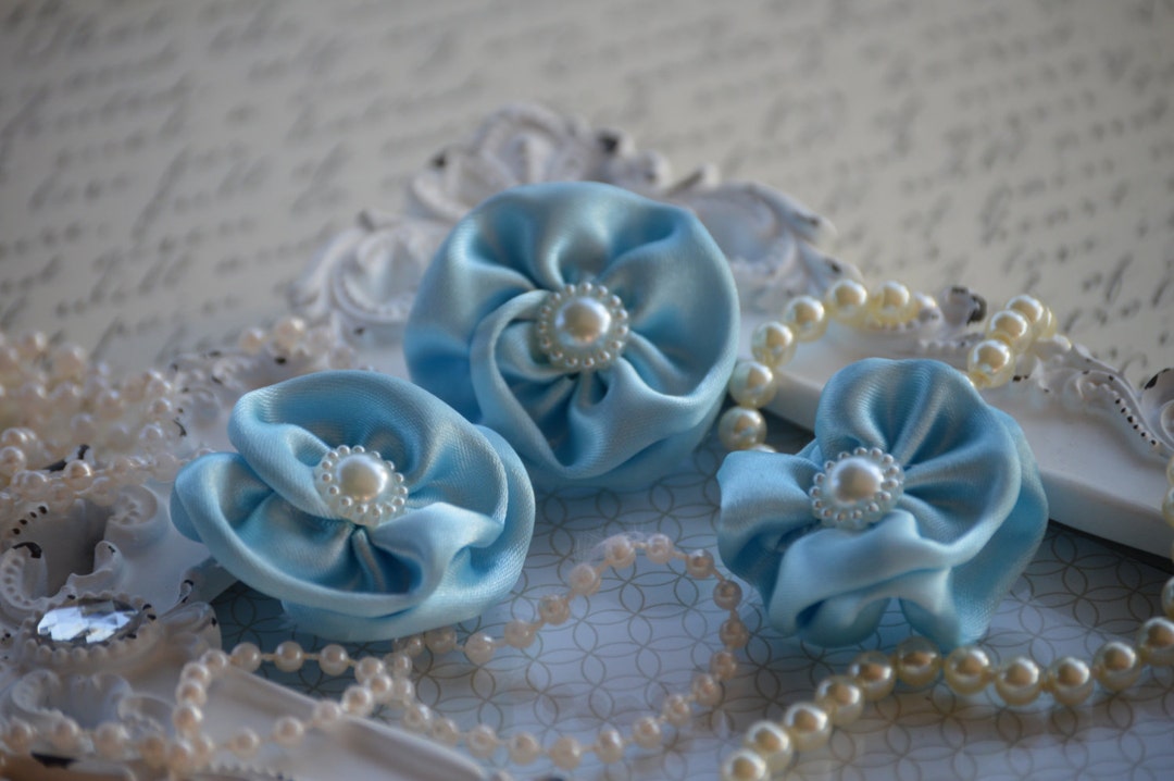Set of 3 Light Blue Satin Flowers 1.5, Small Fabric Flowers, Satin ...
