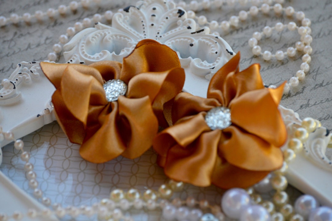 Satin Ribbon Flowers, 2 Satin Fabric Flowers, Gold Rose Satin Flower ...