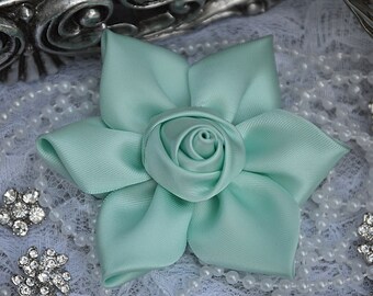 TURQUOISE Ribbon Flower, Satin Flower, Fabric Rose, Rolled Rosette ...