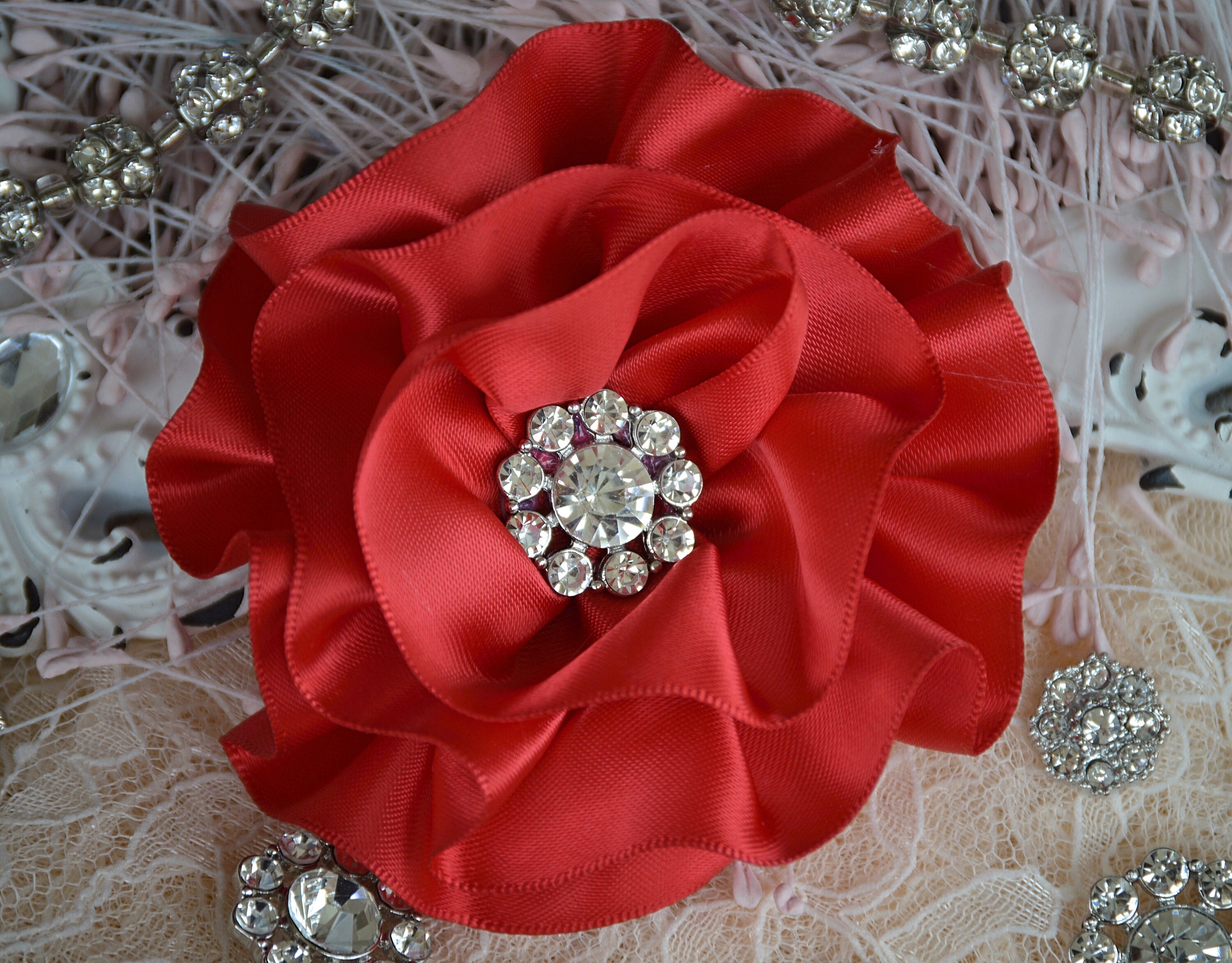 Red Satin Ribbon Flowers 3.5 Satin Fabric Flowers | Etsy